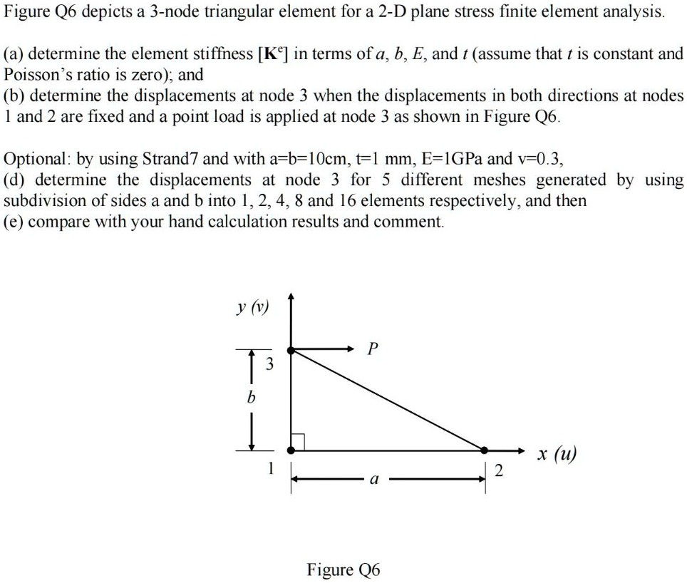 Figure Q6 depicts a 3-node triangular element for a 2-D plane stress finite element analysis. (a ...