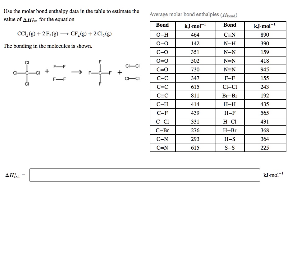 use the molar bond enthalpy data in the table to estimate the average ...