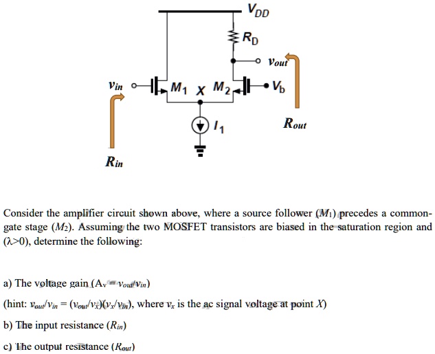 VDD RD Vout Mi X MzDF'V Rout Rin Consider the amplifier circuit shown ...