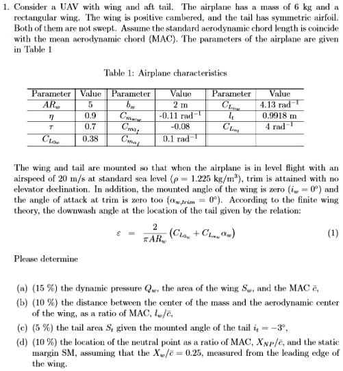 1 consider a uav with wing and aft tail the airplane has a mass of 6 kg ...