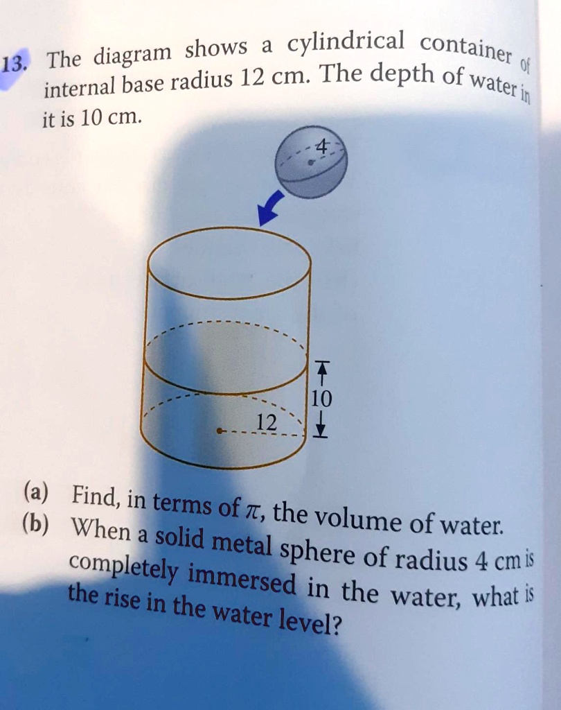 find in term of pi the volume of the water a cylindrical the diagram shows container 13 radius ...