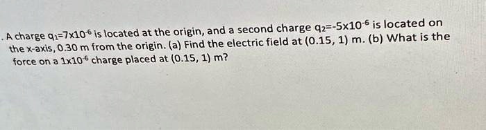 A charge q1=7x10^-6 is located at the origin, and a second charge q2 ...