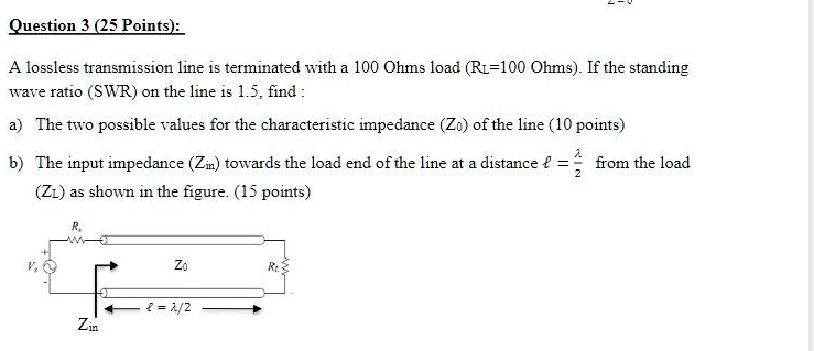 SOLVED: Question 3 (25 Points) A lossless transmission line is ...