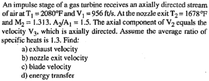 SOLVED: An impulse stage of a gas turbine receives an axially directed stream of air at T ...