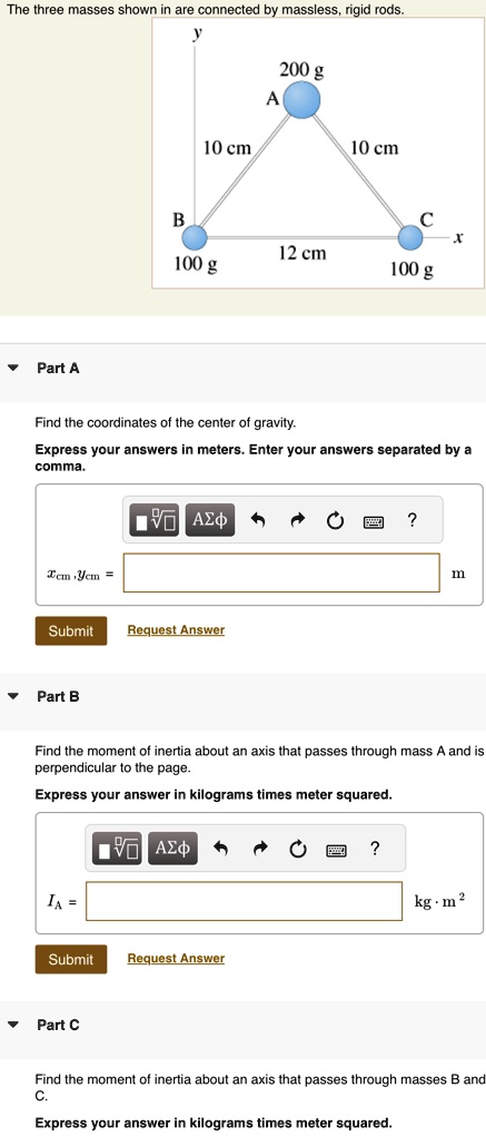 The three masses shown in the figure show three masses connected by rods on the xy plane. They ...