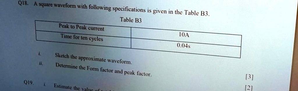 Q18. A square waveform with following specifications is given in the Table B3. Table B3 Peak to ...