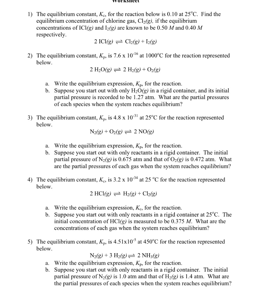 Solved The Equilibrium Constant K For The Reaction Below Is 0 10 At