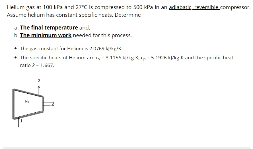 SOLVED: Helium gas at 100 kPa and 27Â°C is compressed to 500 kPa in an ...