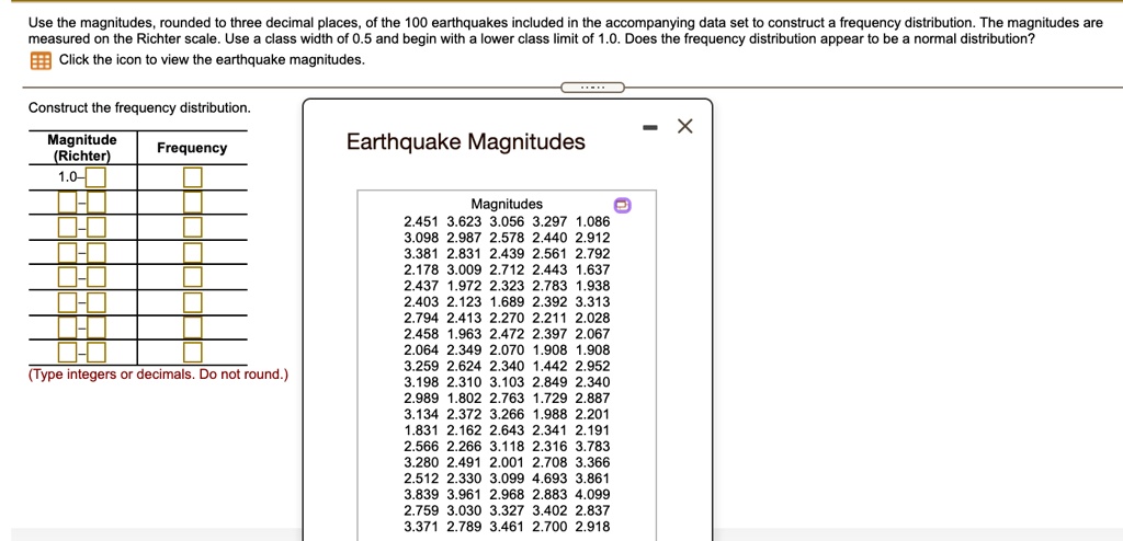 Use The Magnitudes Rounded To Three Decimal Places Of The 100 Earthquakes Included In The