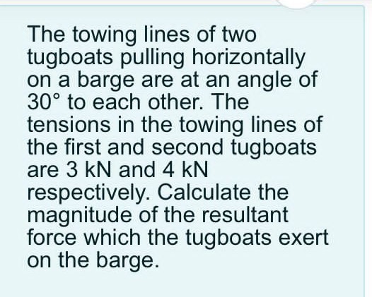 The towing lines of two tugboats pulling horizontally on a barge are at ...