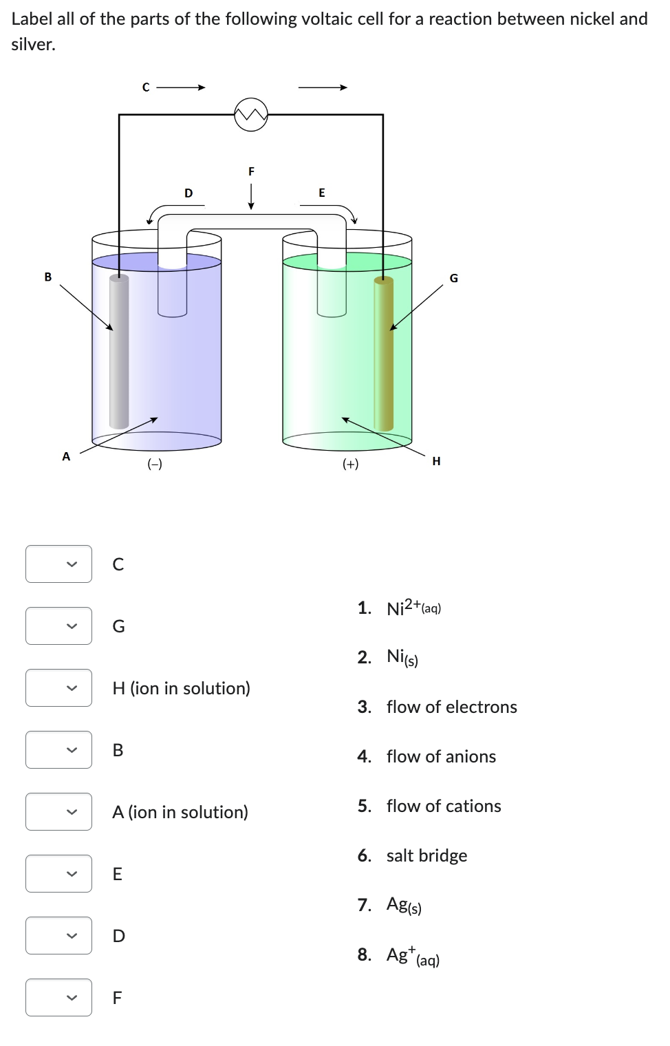 SOLVED: Label all of the parts of the following voltaic cell for a reaction between nickel and ...