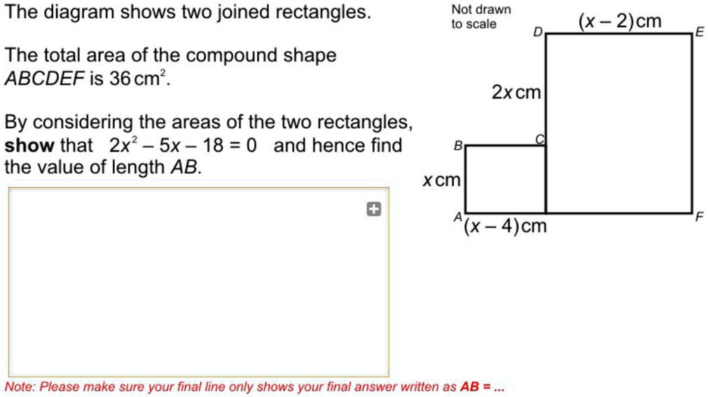 The diagram shows two joined rectangles. The total area of the compound shape ABCDEF is 36 cm^2 ...