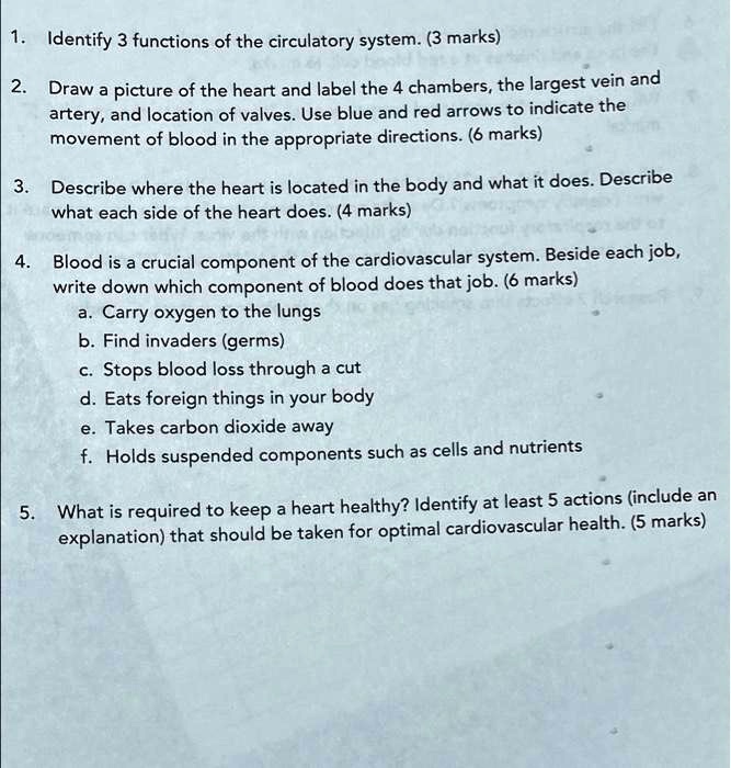 1. Identify 3 functions of the circulatory system. (3 marks) 2. Draw a picture of the heart and ...