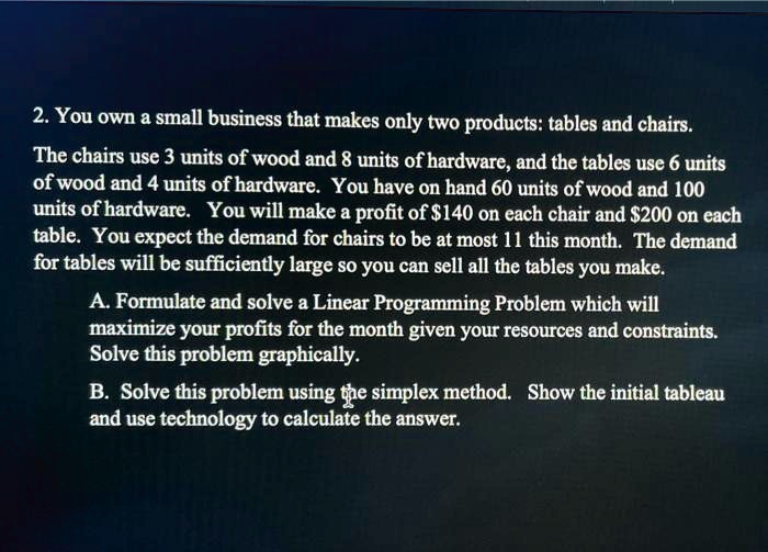 2. You own a small business that makes only two products: tables and chairs. The chairs use 3 ...