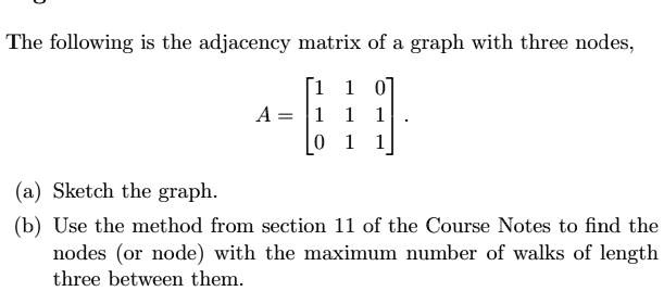 SOLVED: The following is the adjacency matrix of a graph with three nodes. 1 A (a)Sketch the ...