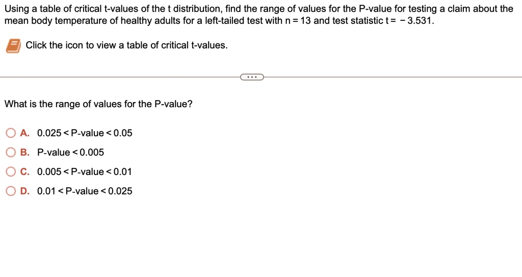 SOLVED: Using a table of critical t-values of the t distribution, find the range of values for ...