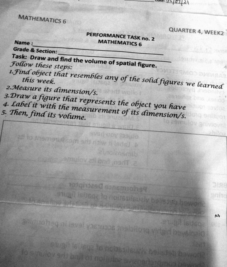 MATHEMATICS 6 PERFORMANCE TASK no. 2 MATHEMATICS 6 QUARTER 4, WEEK2 Name: Grade Section: Task ...