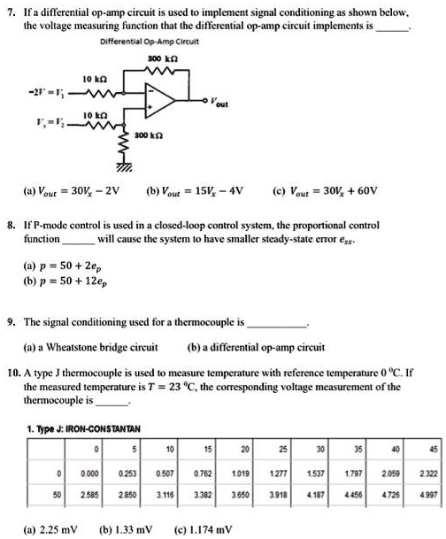 7. If a differential op-amp circuit is used to implement signal conditioning as shown below, the ...
