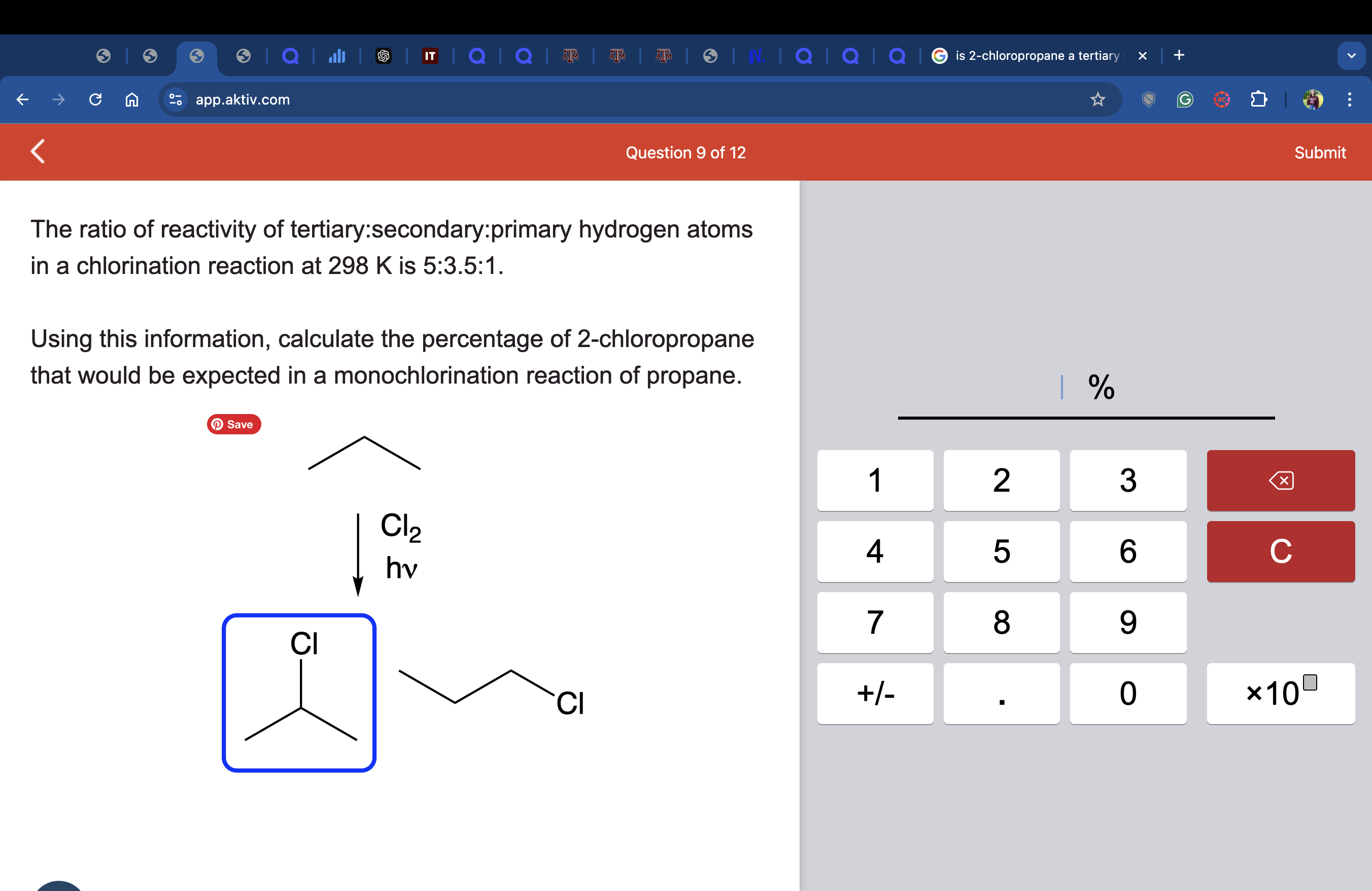 the ratio of reactivity of tertiarysecondaryprimary hydrogen atoms in a ...