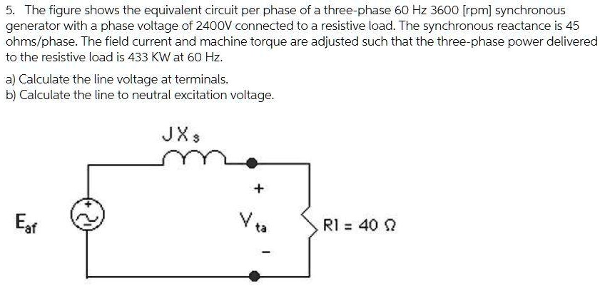 5. The figure shows the equivalent circuit per phase of a three-phase 60 Hz 3600 [rpm ...