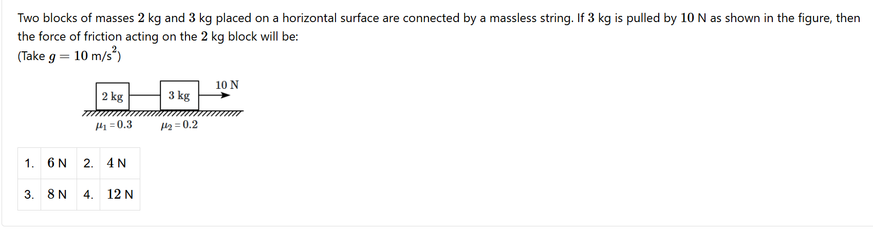 Two blocks of masses 2 kg and 3 kg placed on a horizontal surface are connected by a massless ...