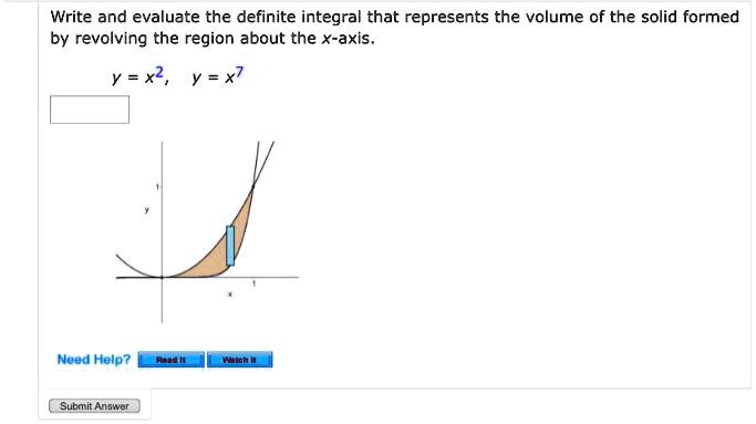write and evaluate the definite integral that represents the volume of ...