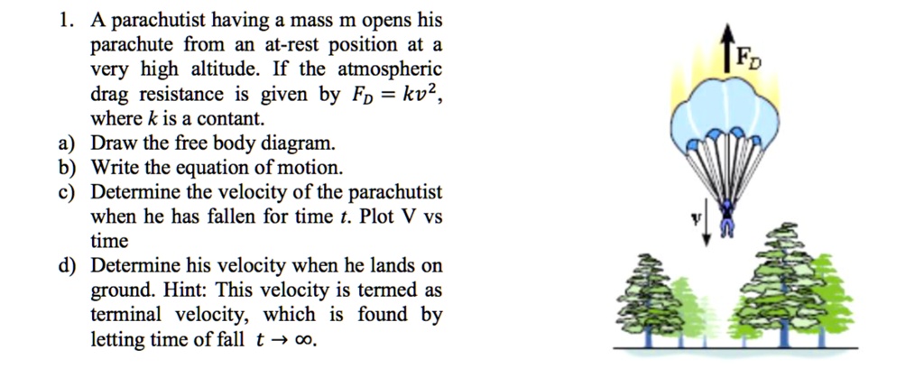 1. A parachutist having a mass m opens his parachute from an at-rest position at a very high ...