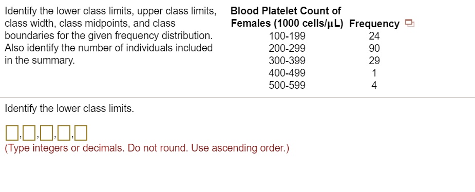 identify the lower class limits upper class limits blood platelet count of class width class ...