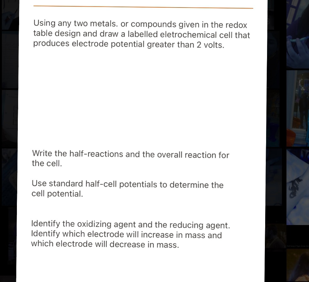 SOLVED: Using any two metals or compounds given in the redox table ...