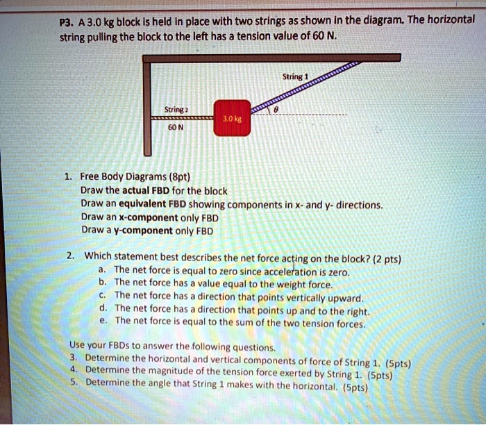 SOLVED:P3: A3.0 kg block is held In place with two strings as shown In the diagram The ...