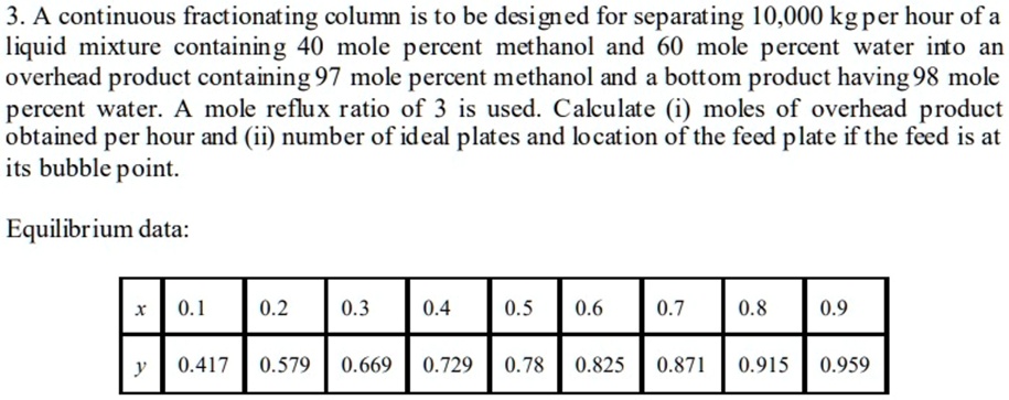 SOLVED: A continuous fractionating column is to be designed for separating 10,000kg per hour of ...