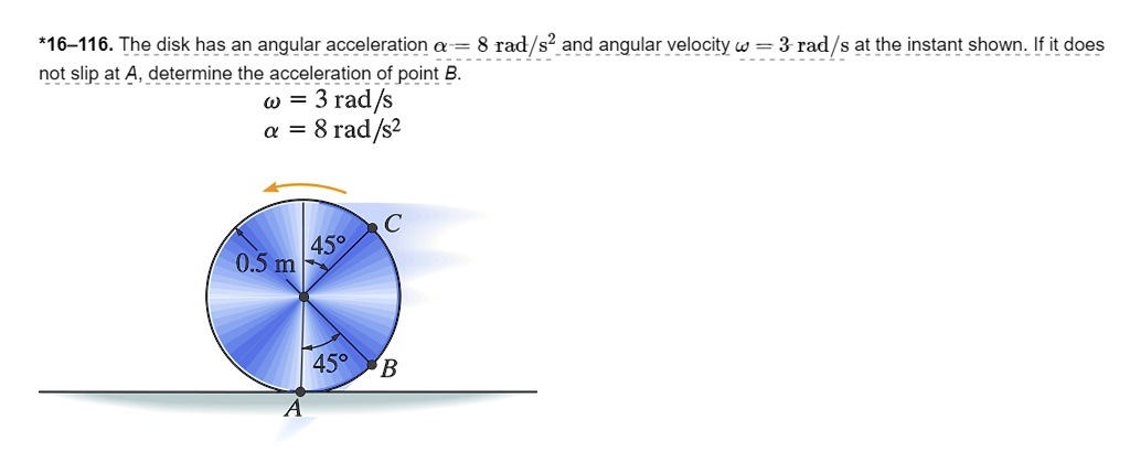 SOLVED: *16-116. The disk has an angular acceleration = 8 rad /s2 and angular velocity w == 3 ...