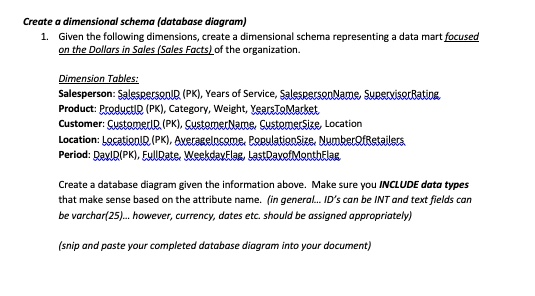 Create a dimensional schema (database diagram) 1. Given the following dimensions, create a ...
