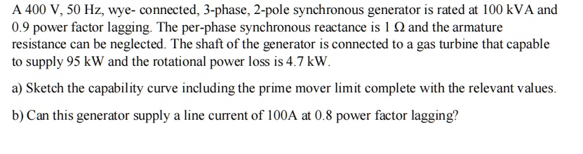 Solved A 400 V 50 Hz Wye Connected 3 Phase 2 Pole Synchronous Generator Is Rated At 100 Kva