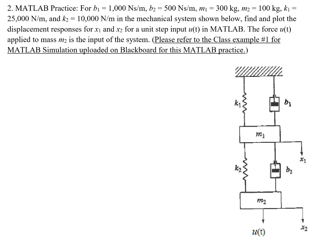2. MATLAB Practice: For b1 = 1,000 Ns/m, b2 = 500 Ns/m, m1 = 300 kg, m2 = 100 kg, k1 = 25,000 N ...