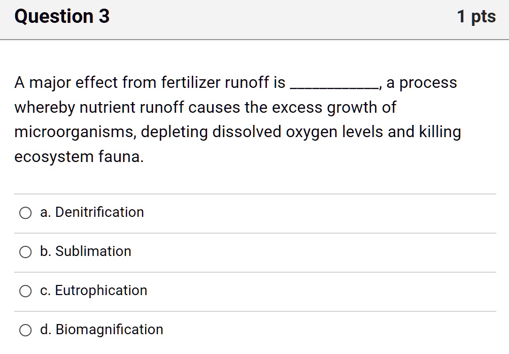 Question 3 A major effect from fertilizer runoff is , a process whereby ...