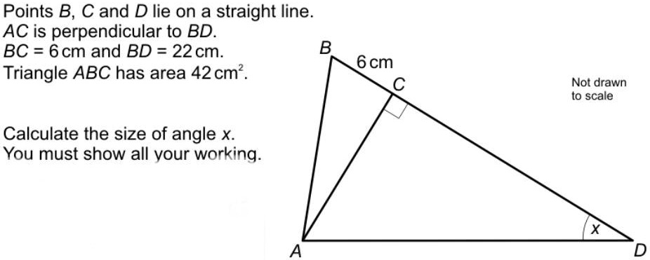 Points B, C and D lie on a straight line. AC is perpendicular to BD. BC = 6 cm and BD = 22 cm ...