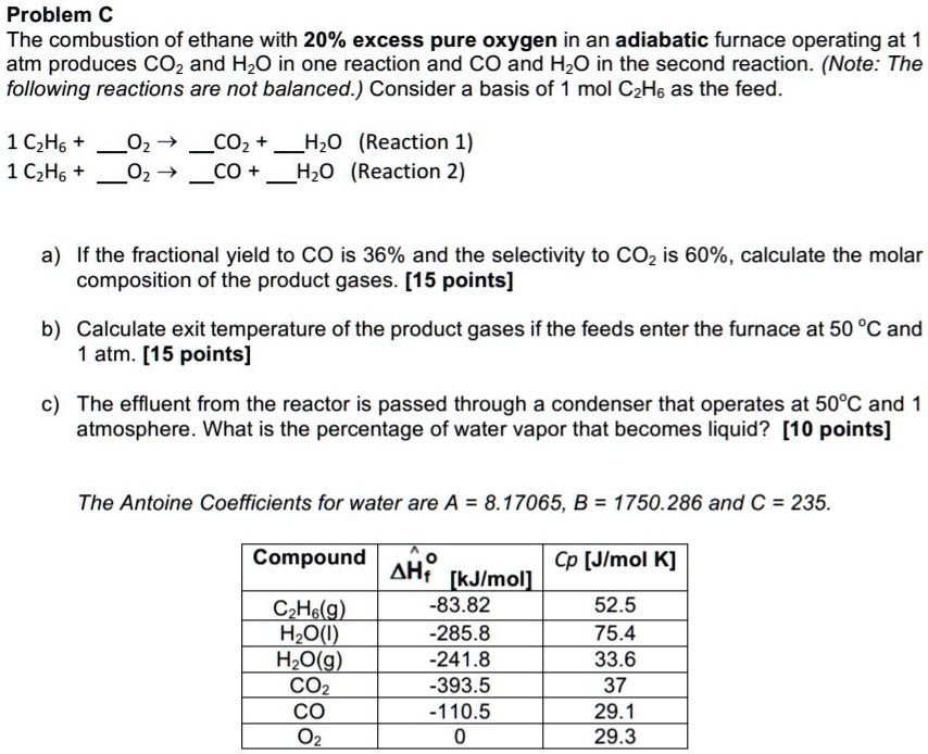 SOLVED: Problem C: The combustion of ethane with 20% excess pure oxygen ...