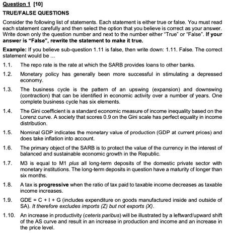 SOLVED: Question 1 [10] TRUE/FALSE QUESTIONS Consider the following ...
