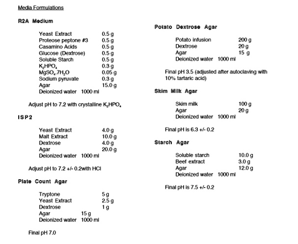 Media Formulations R2A Medium Potato Dextrose Agar Yeast Extract 0.5g ...