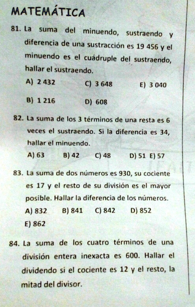 [GET ANSWER] respuestas xfavor matematica 81 la suma del minuendo ...