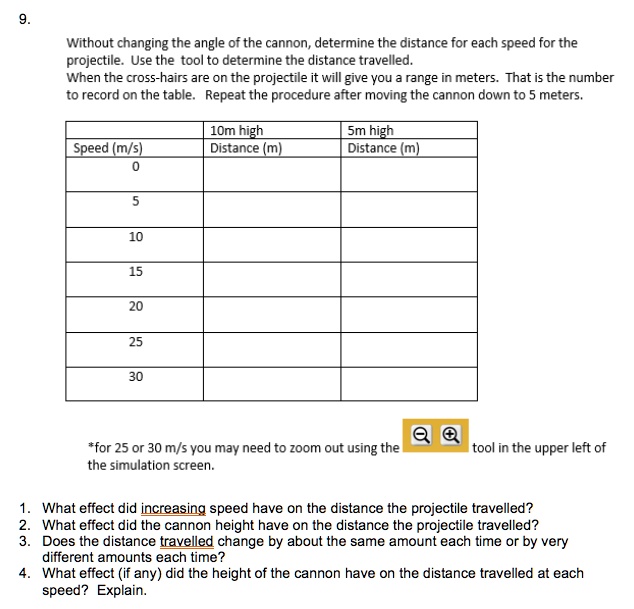SOLVED: 9. Without changing the angle of the cannon, determine the distance for each speed for ...