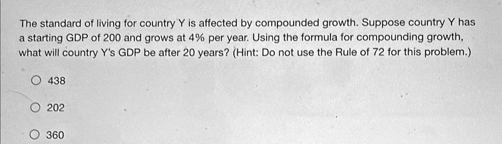 The standard of living for country Y is affected by compounded growth ...