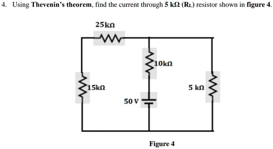 SOLVED: Using Thevenin's theorem, find the current through the 5 kÎ© (RL) resistor shown in ...