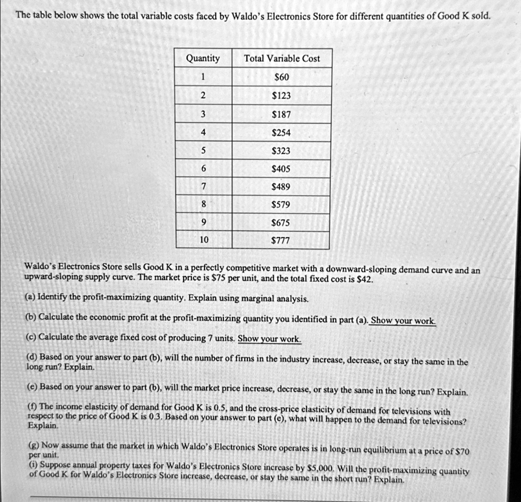 SOLVED: The table below shows the total variable costs faced by Waldo's Electronics Store for ...