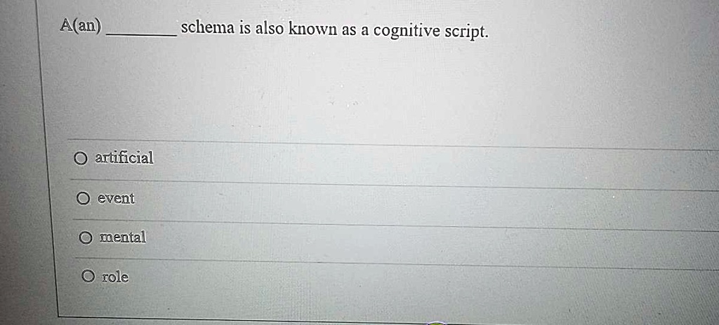 SOLVED: A schema is also known as a cognitive script. artificial event ...