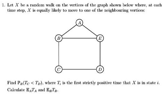 SOLVED: Let X be a random walk on the vertices of the graph shown below where at each time step ...