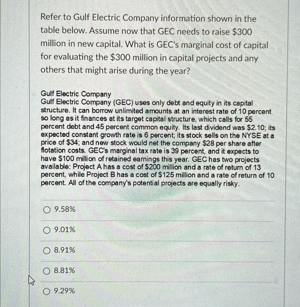 refer to gulf electric company information shown in the table below assume now that gec needs to ...