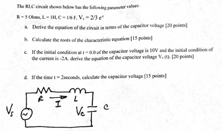 The RLC circuit shown below has the following parameter values: R = 5 ...