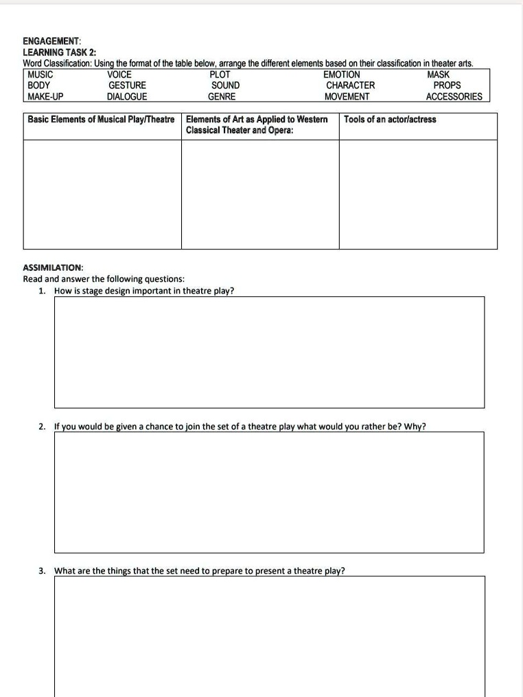 SOLVED: LEARNING TASK 2: Word Classification: Using the format of the table below, arrange the ...